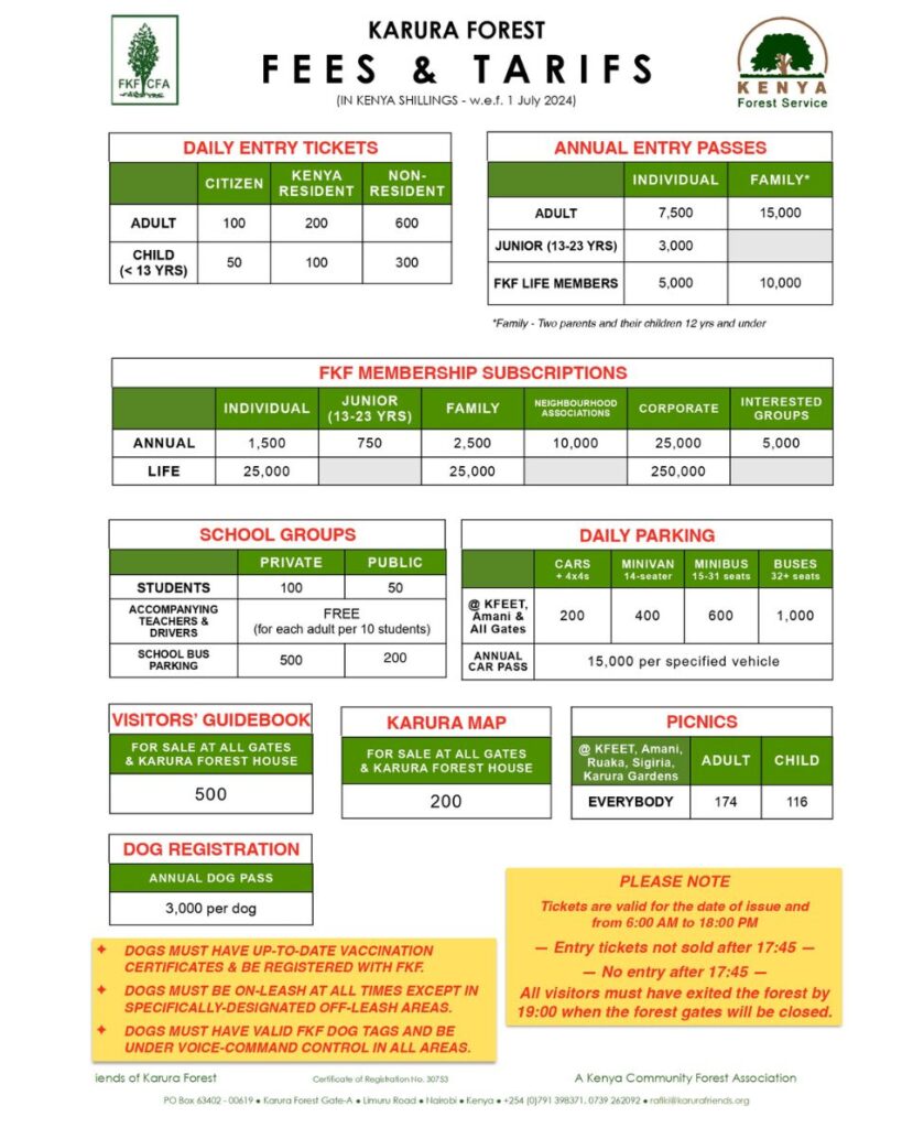 Updated Karura Forest Fees – Friends of Karura Forest